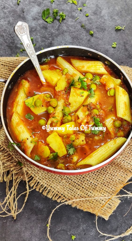 Alu matar Sabzi | Potatoes peas in Tomato gravy - Yummy tales of tummy